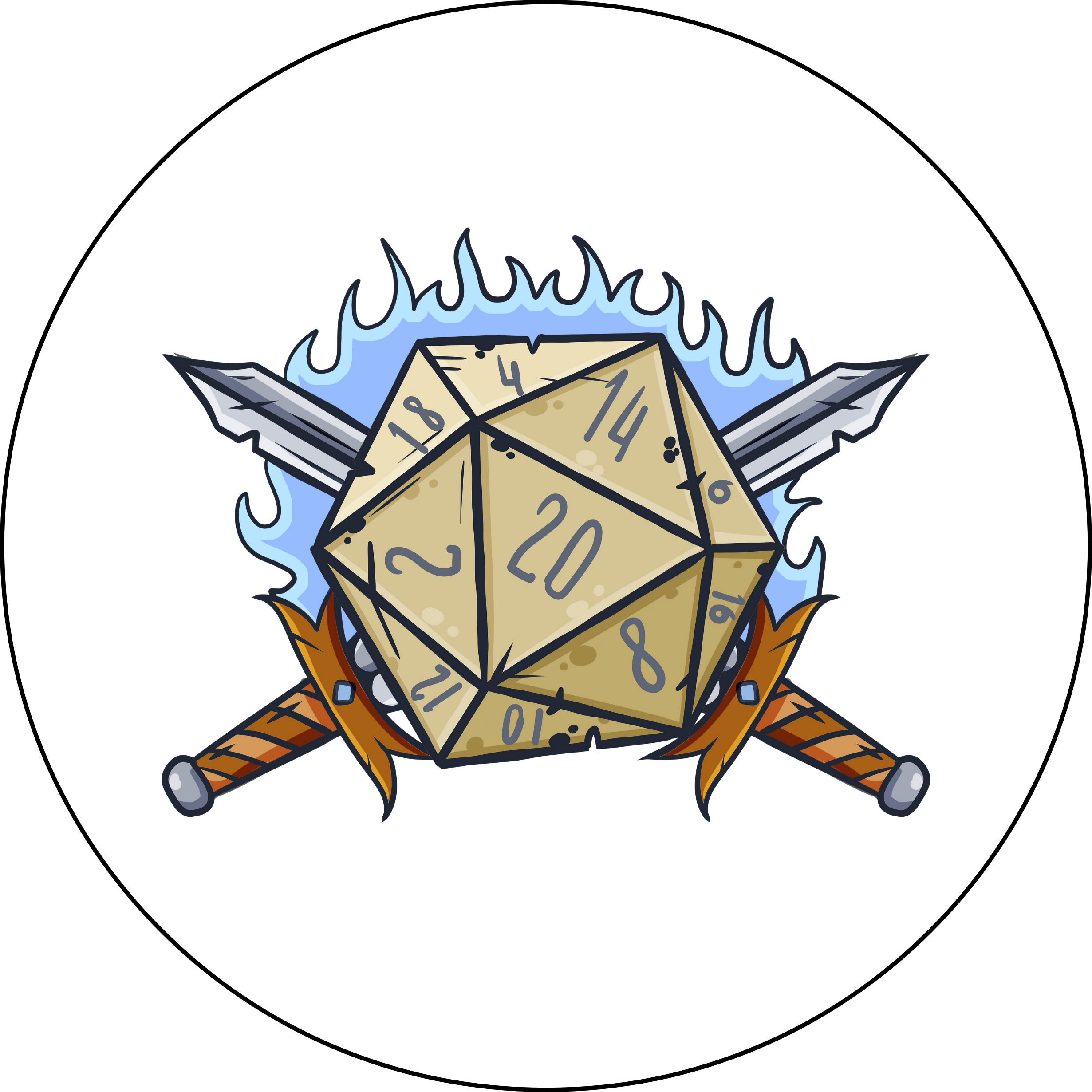 D20 With Flaming Swords Button – The Button Gallery
